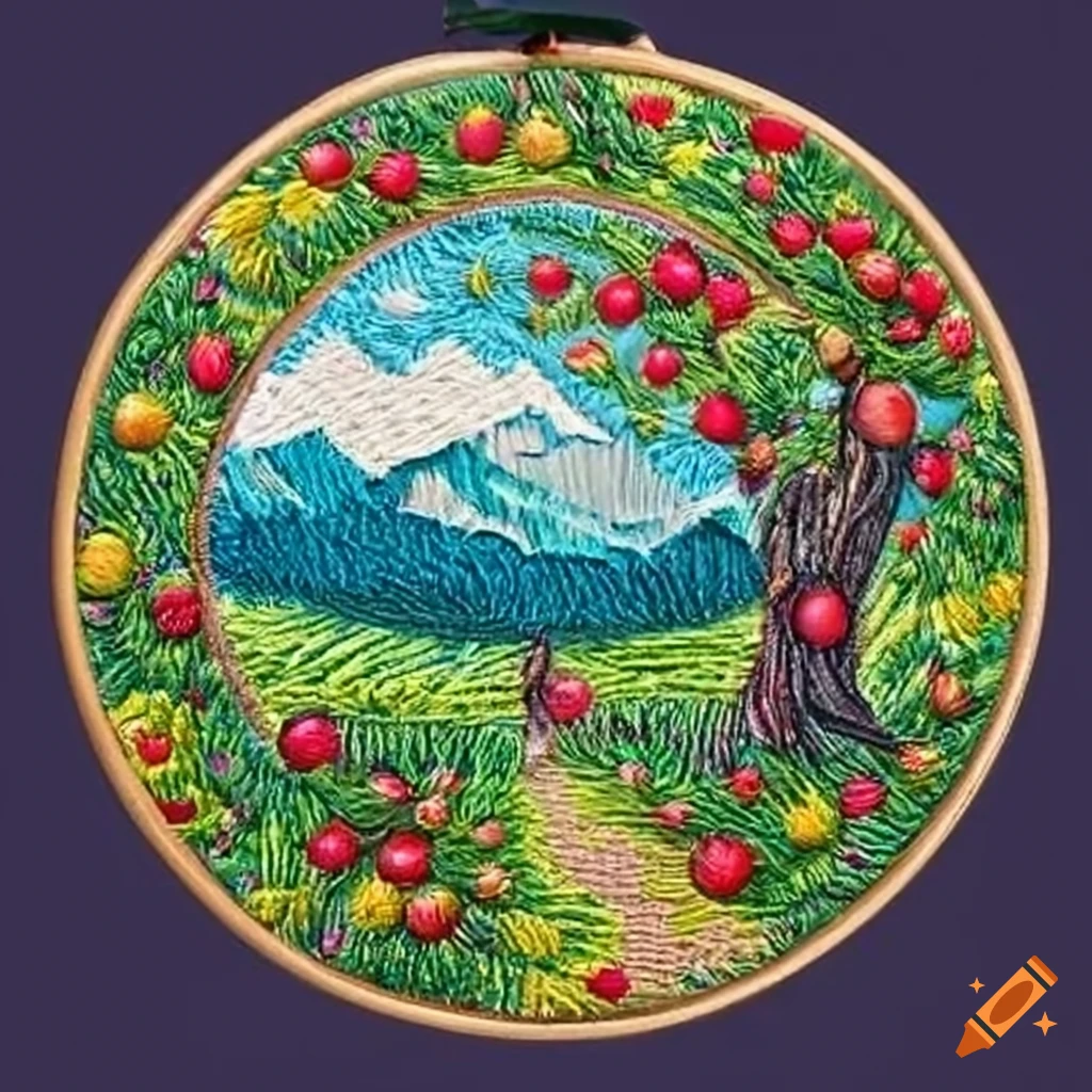 Round embroidery of apple trees garden and mountains on Craiyon