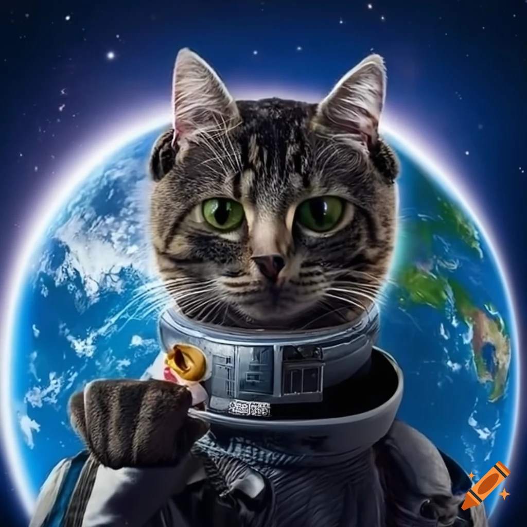Feline being in space suit holding helmet with earth in the background ...
