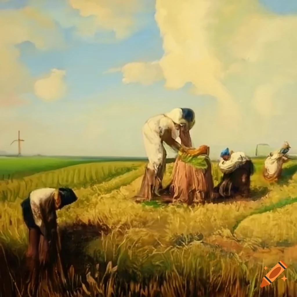 Realism painting of a group of farmers harvesting a field on Craiyon