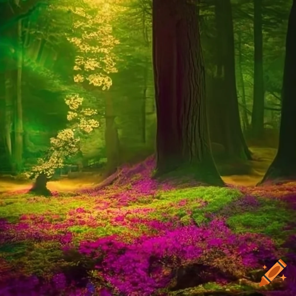 A magical forest adorned with vibrant flowers and towering trees ...