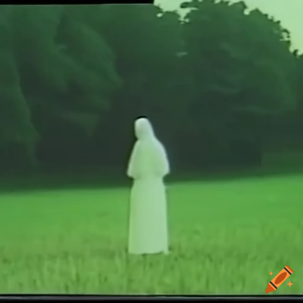 A tall white figure praying in the middle of a sunny green field vhs ...