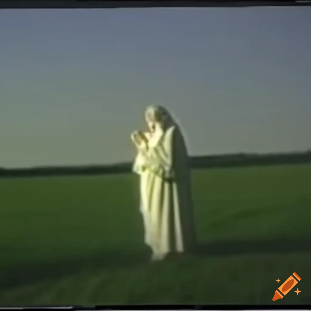 A tall white figure praying in the middle of a sunny green field vhs ...