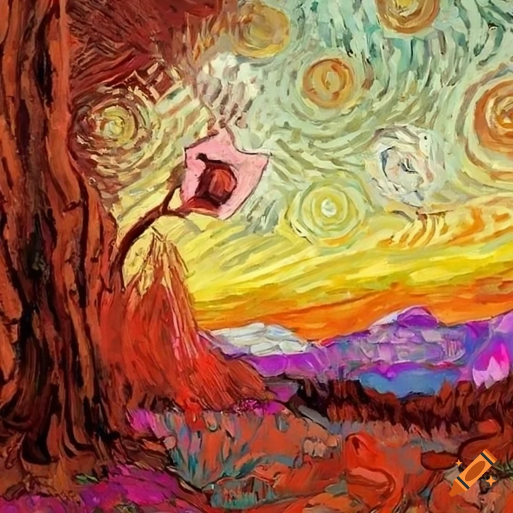 Pink cat van gogh landscape espatulado coffee colors on Craiyon