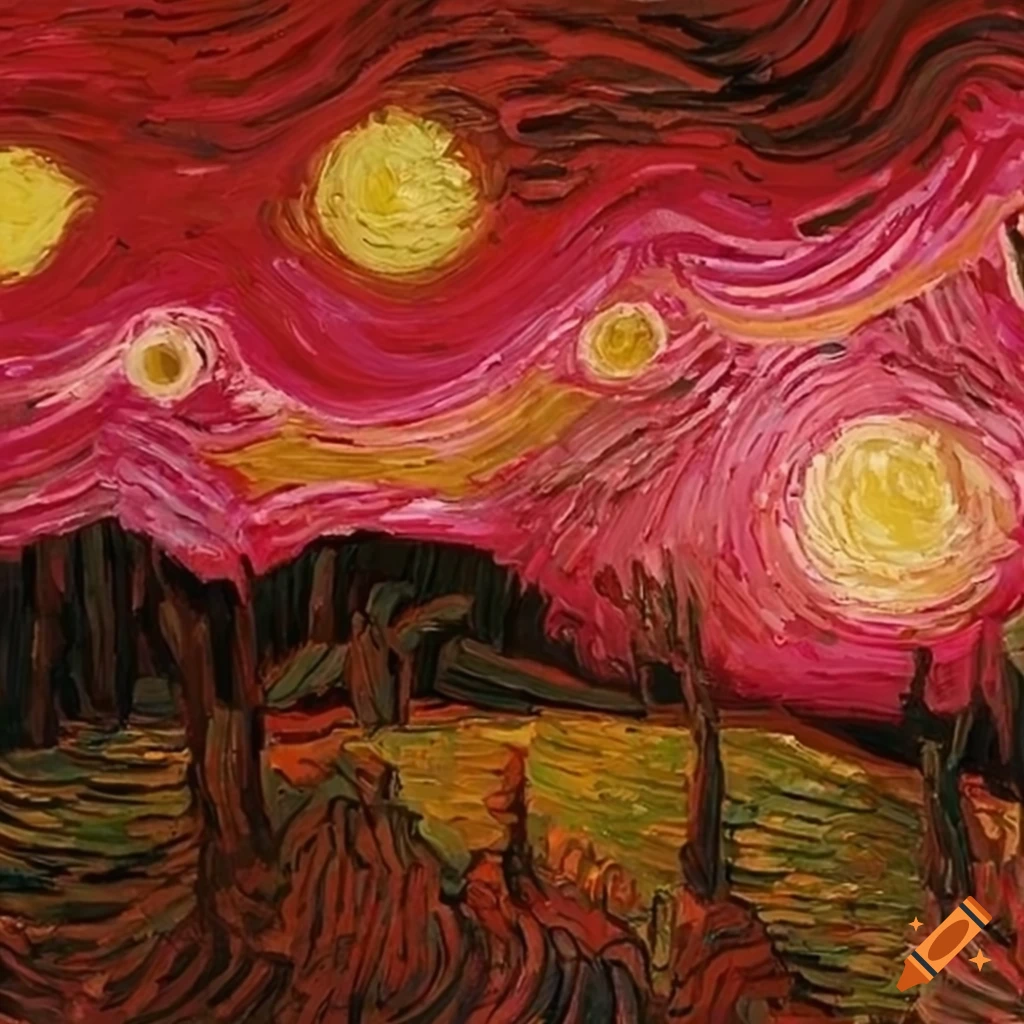 Pink bird van gogh landscape espatulado coffee colors on Craiyon