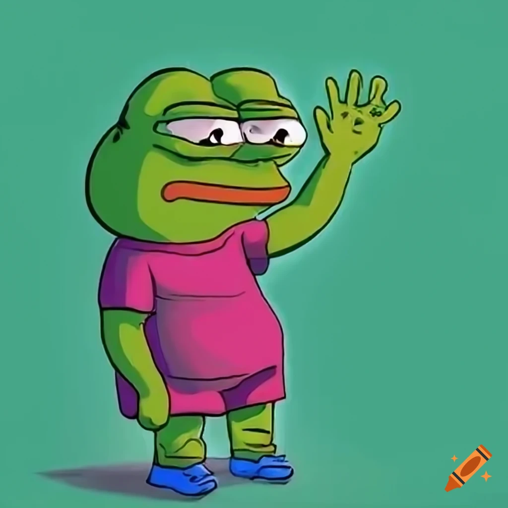 Soft and colorful Anime Pepe the frog with a happy smile waving hello ...