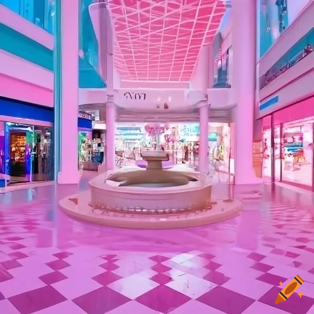 A vaporwave themed mall, pastel colors, white marble, fountains and ...