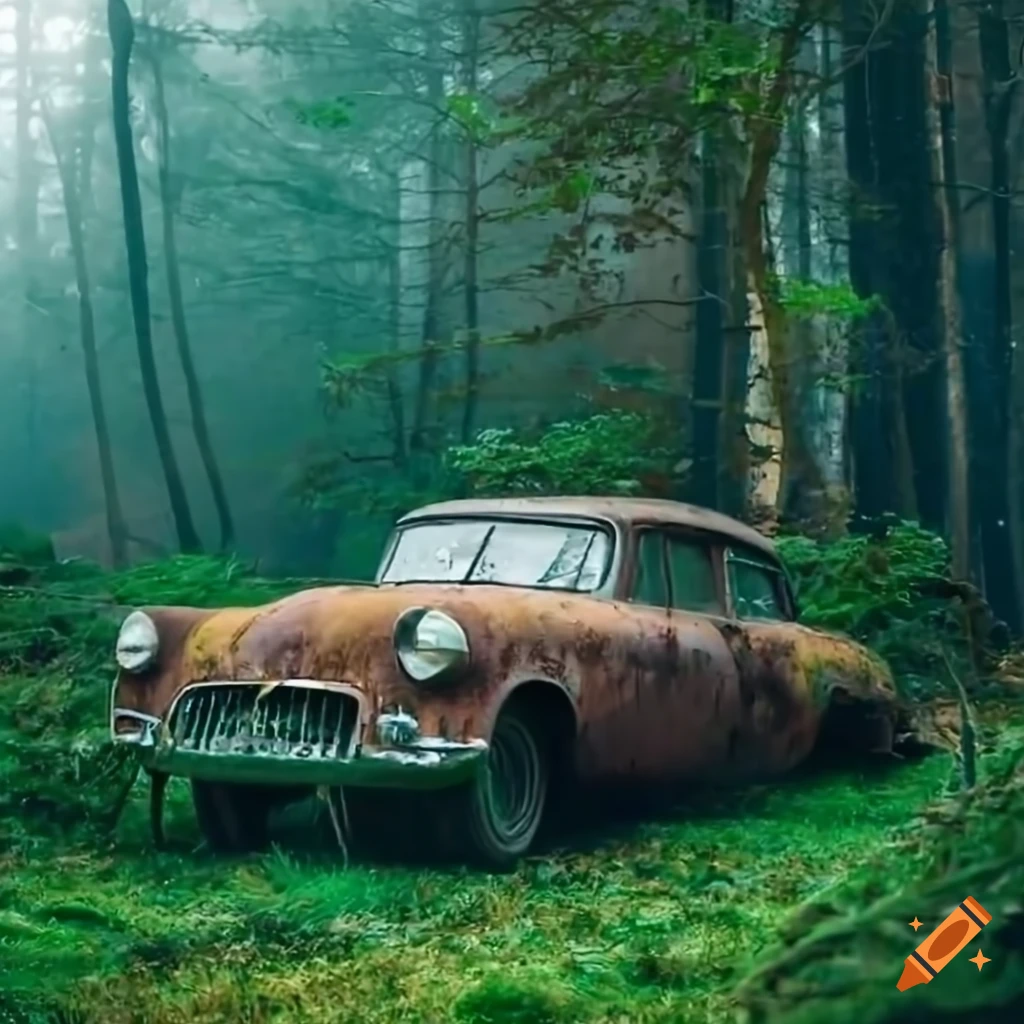 An old classic car in the forest with rusted body and foggy air moss ...