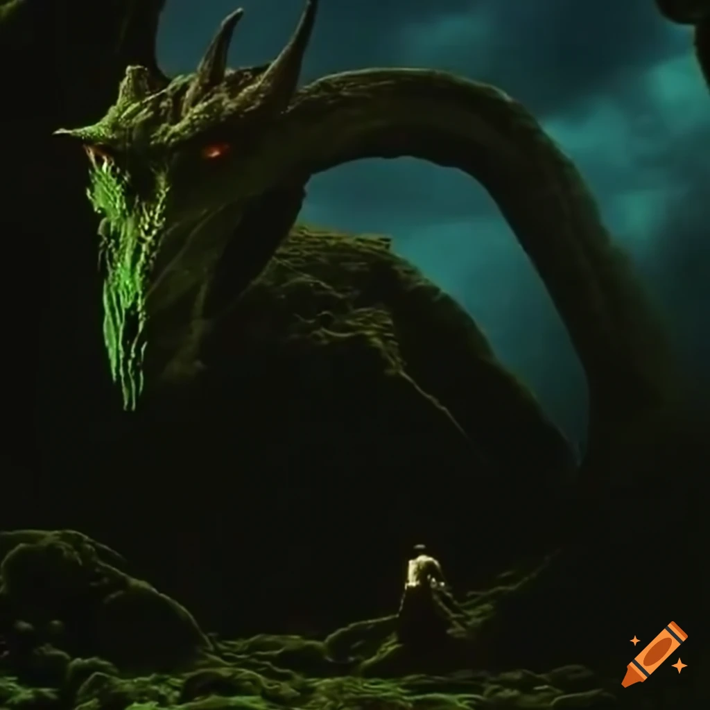 Vhs screengrab from 1989 dark fantasy movie. gigantic dragon serpent ...