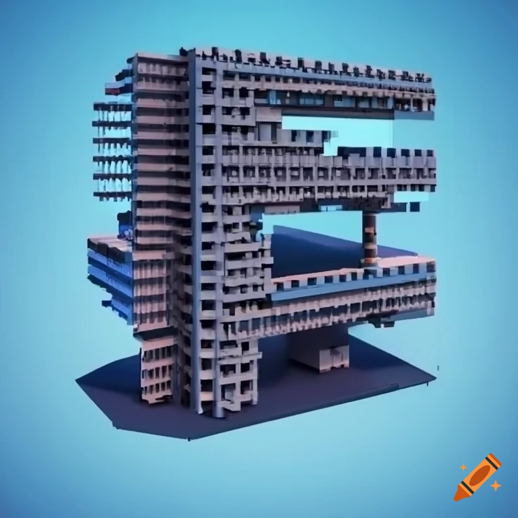 A futuristic rectangular building made out of voxels