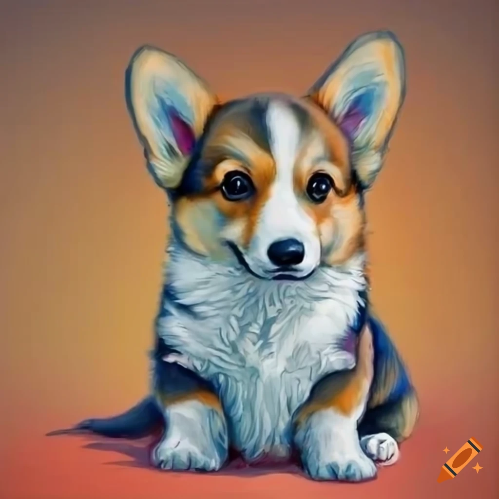 Photo realistic drawing of a multi-colored, paint splashed baby corgi ...