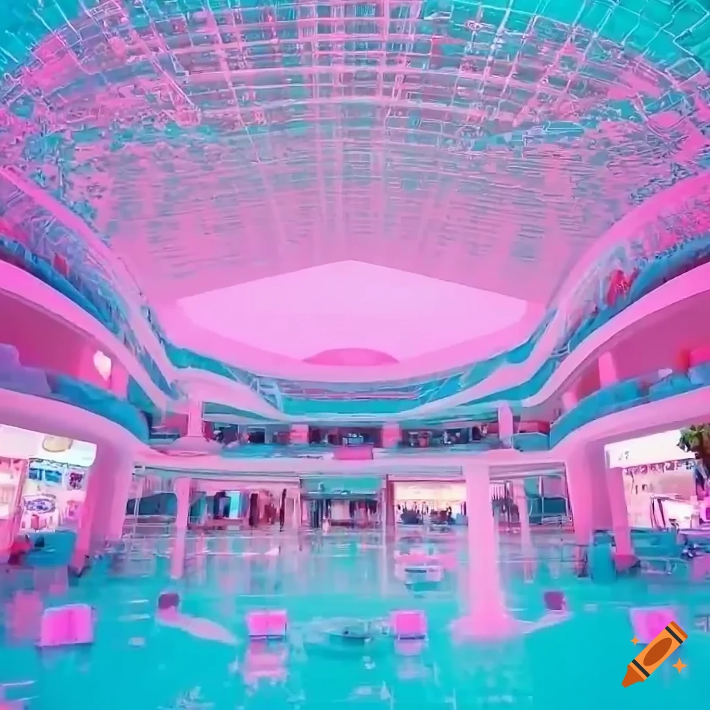 A vaporwave themed mall, pastel colors, white marble, fountains and ...