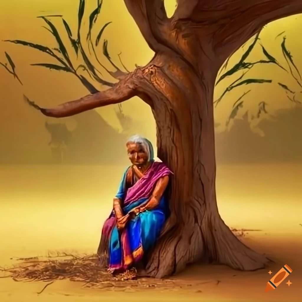 Indian village grandmother sitting under a tree on Craiyon