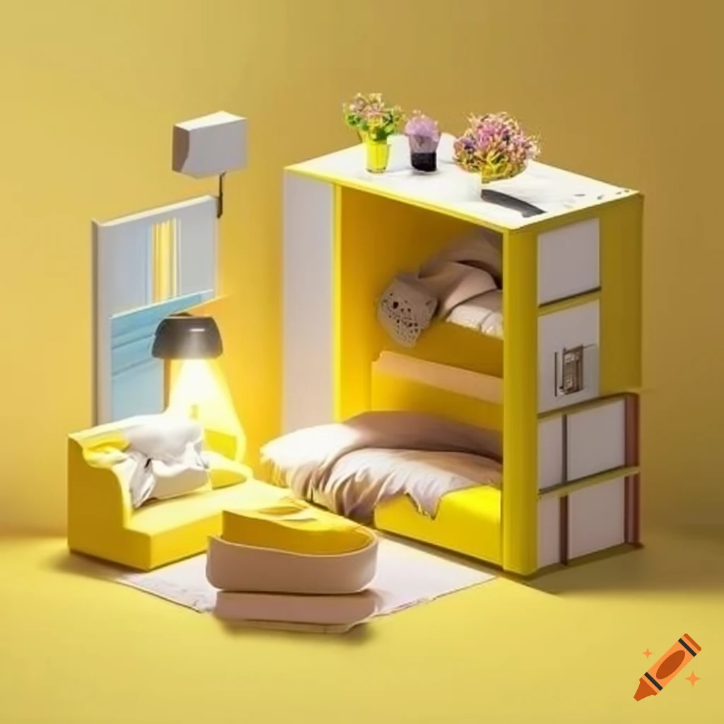 Soft serene all yellow isometric cube bedroom with flowers and tall ...