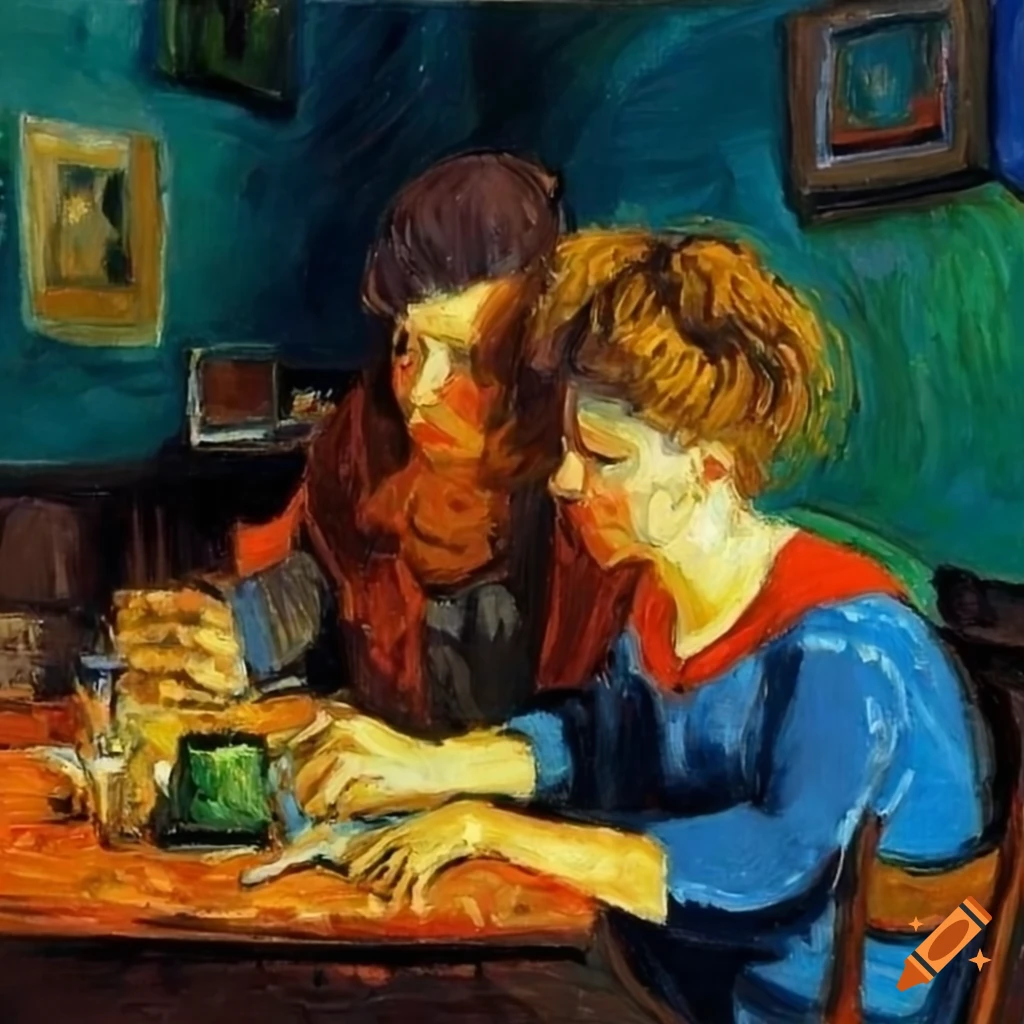 2 people sitting in dutch cafe, post impressionism art, colours of van ...