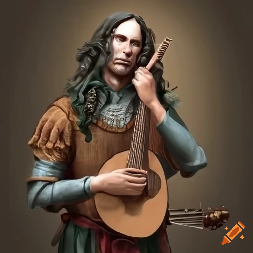 Long-haired medieval male bard playing the lute