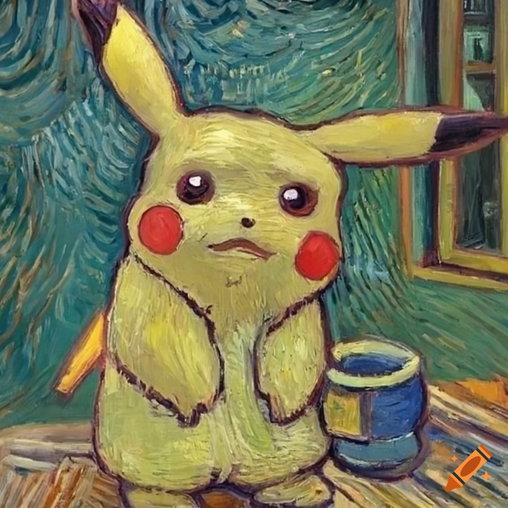 Pikachu waving at the viewer painted by vincent van gogh, post-impressionist oil painting, 19th ...