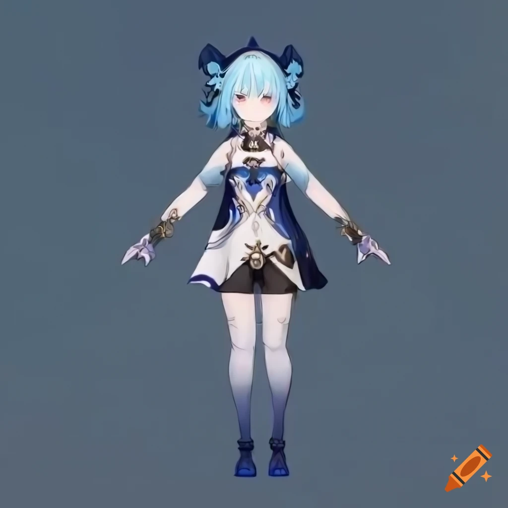Short genshin female full body model, long dark blue and turquoise ...