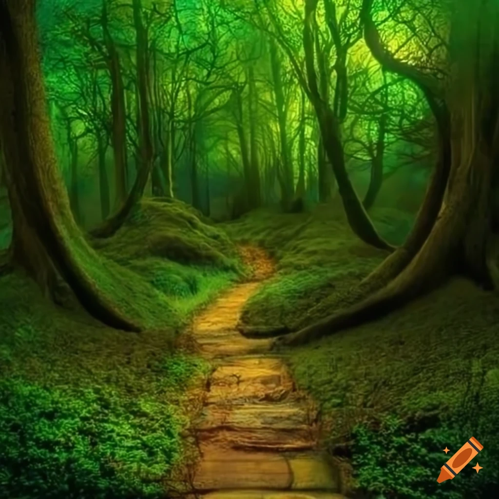 Create a photo of a green, enchanted magic forest in sunshine from a ...