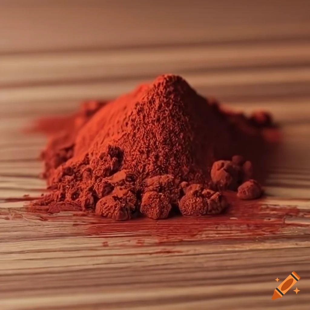 A pile of red powder spices on a sleek wooden table