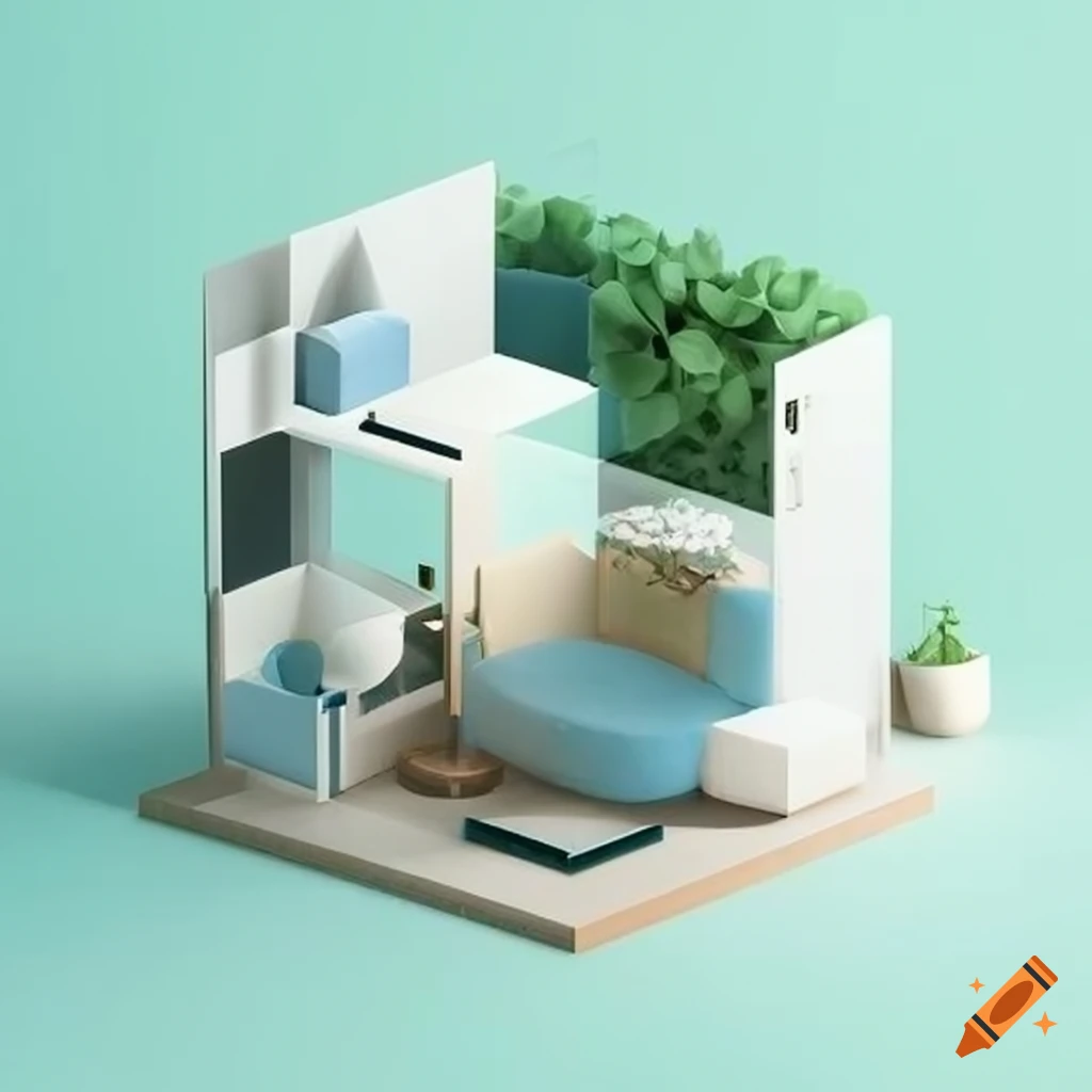 A soothing isometric room cube living space inspired by hydrangeas on ...