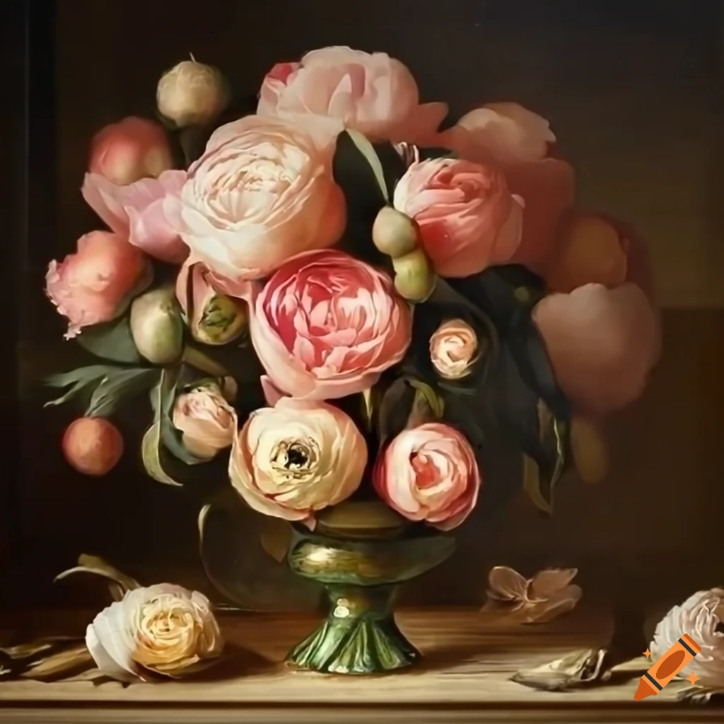 Renaissance still life large floral bouquet of pink peonies, ranunculus ...