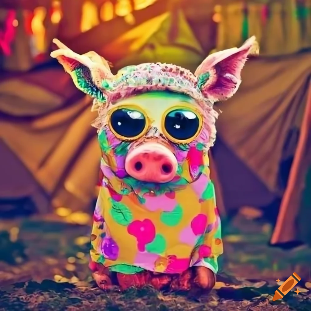 Hippie style dressed pig, big eyes, in tent, colorful background on Craiyon