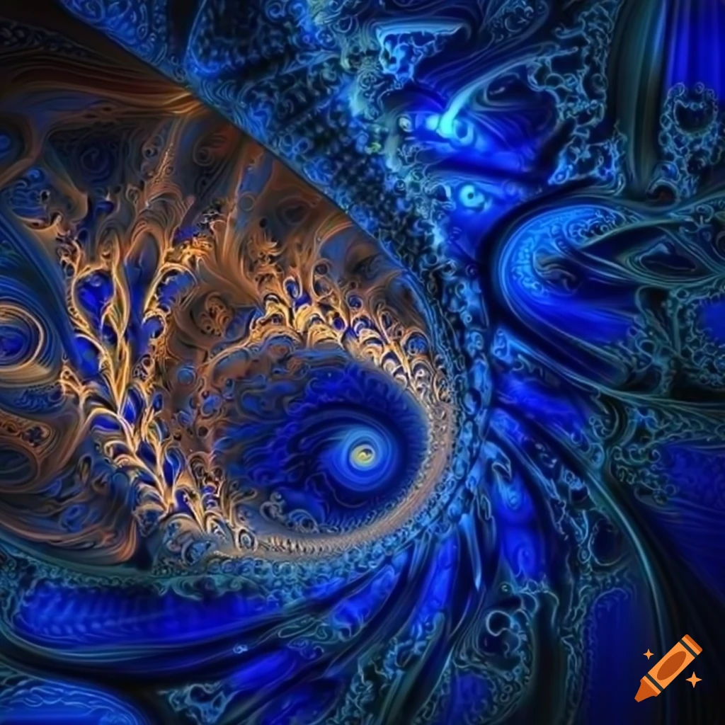 Intricate abstract fractal artwork in deep blue with golden accents on ...