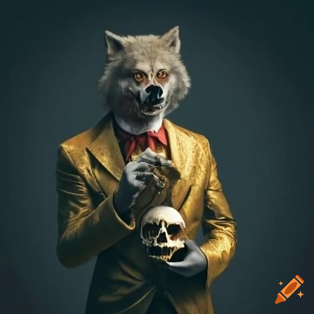 A handsome wolf man wearing a golden suit, holding a skull and reciting ...