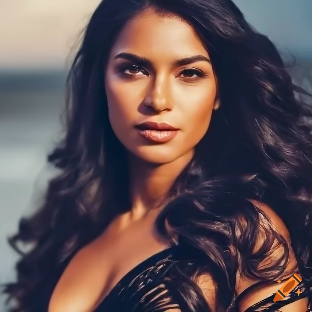 A stunning Latina woman with long wavy black hair and brown eyes, wearing a black dress, high ...