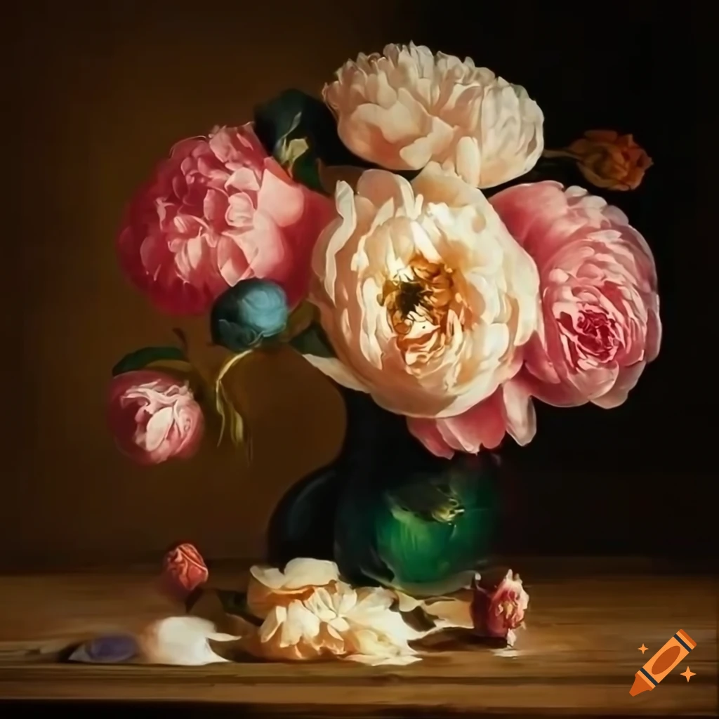 Renaissance still life large floral bouquet of pink peonies, ranunculus ...
