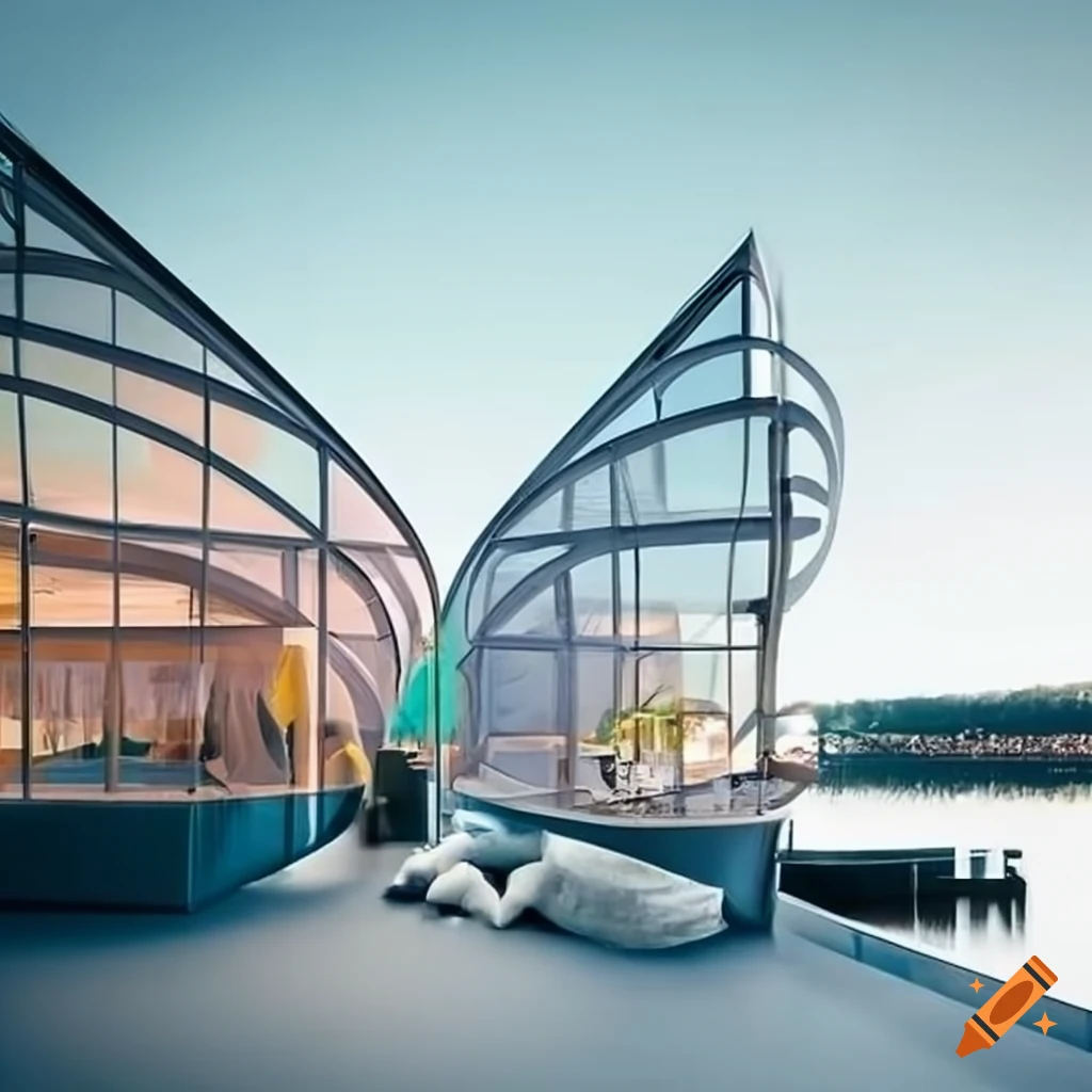 Riverside futuristic scandinavian cafe made of colored glass ...