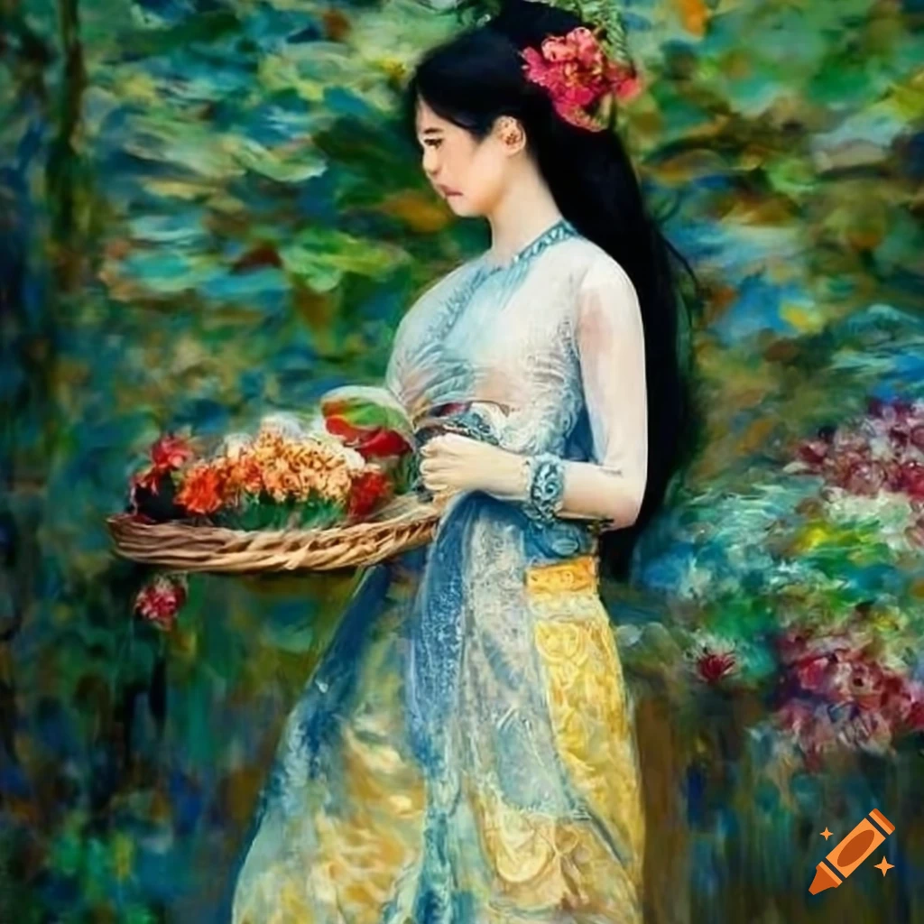 Claude monet styles. woman in vintage thai culture suit. black long ...