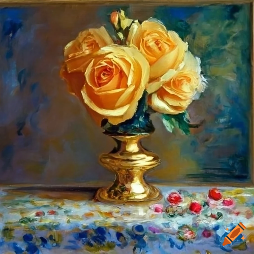 Oil painting, yellow rose, roses in a vase, gold vase, vase with roses ...