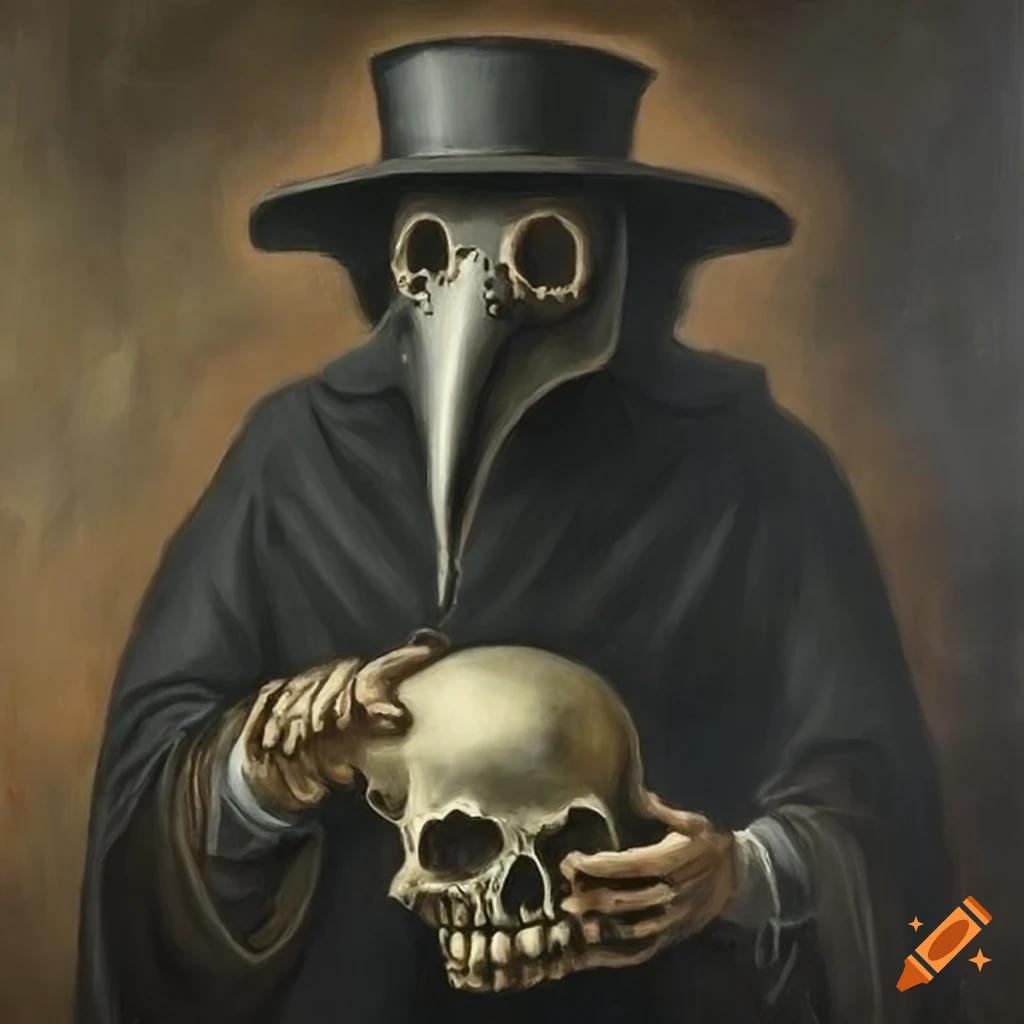 Dark eery haunting oil painting depicting a plague doctor holding a ...