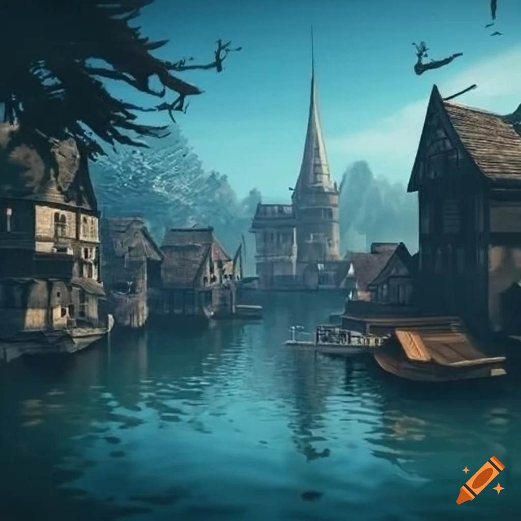 Lake, medieval harbor, town on Craiyon