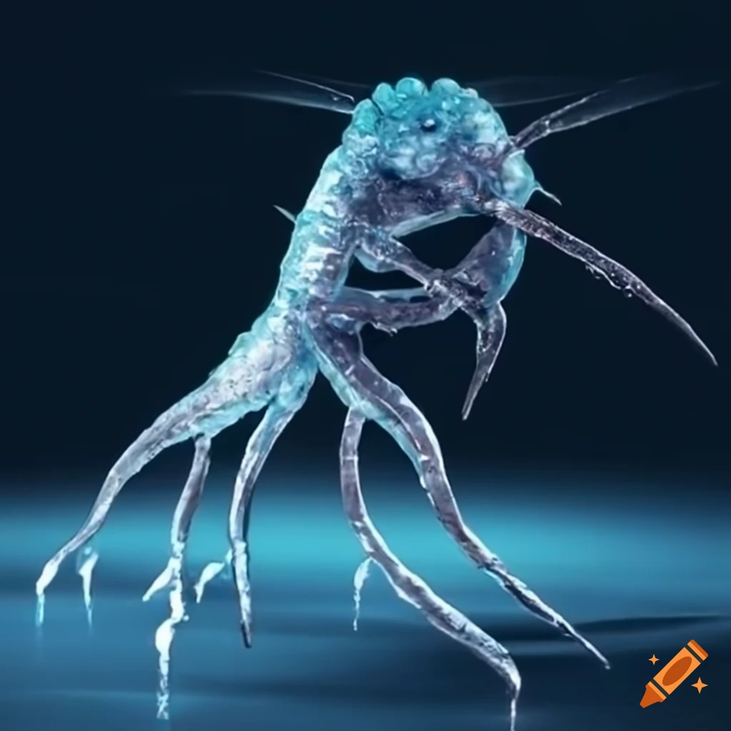 A thin, lean ice insectoid monster made of thin transparent icicles on ...