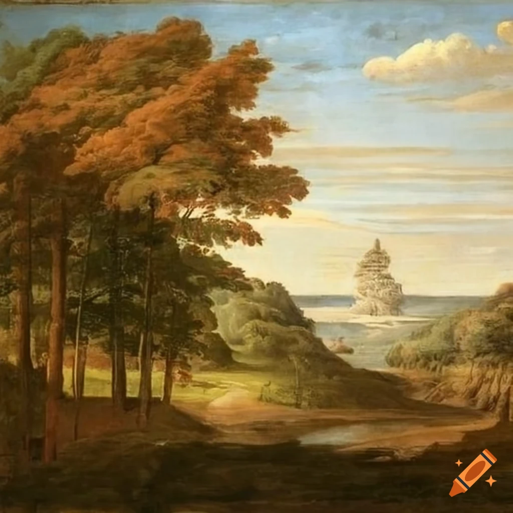 Picturesque view of finnish countryside, renaissance fresco by michelangelo
