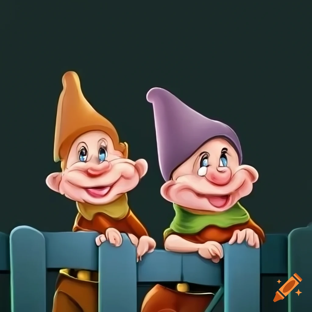 Cartoon image of three dwarfs with caps at the fence looking up on Craiyon
