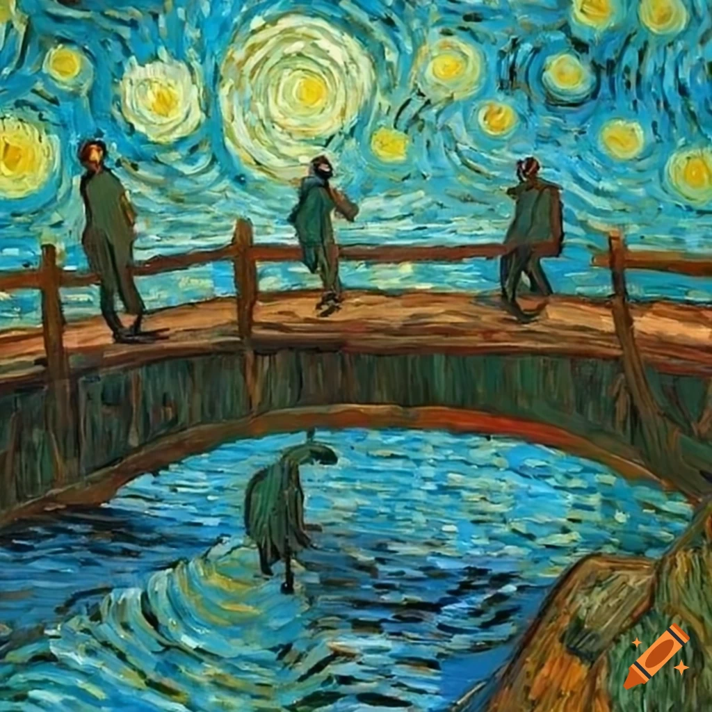 A surreal painting of a bridge with three people, one person on each ...