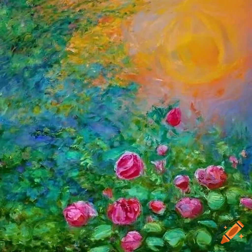 A beautiful garden of blooming roses, painted in monet's style