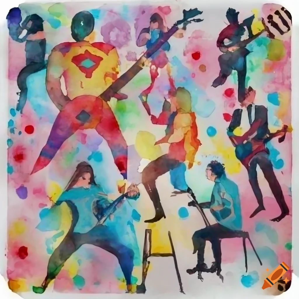 Watercolor superhero rock band, manhattan background