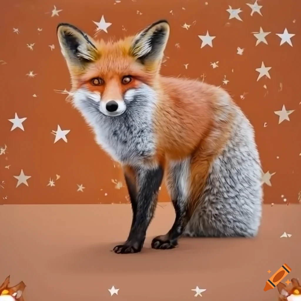 Bright red fox with splashes of white on an orange background with stars