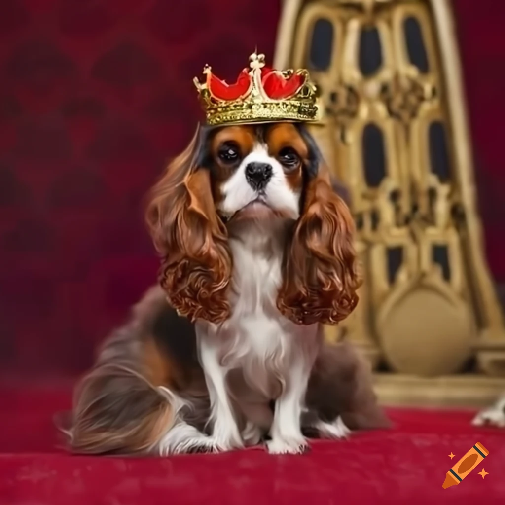 Cavalier king charles spaniel dog wearing a king crown sitting on a throne