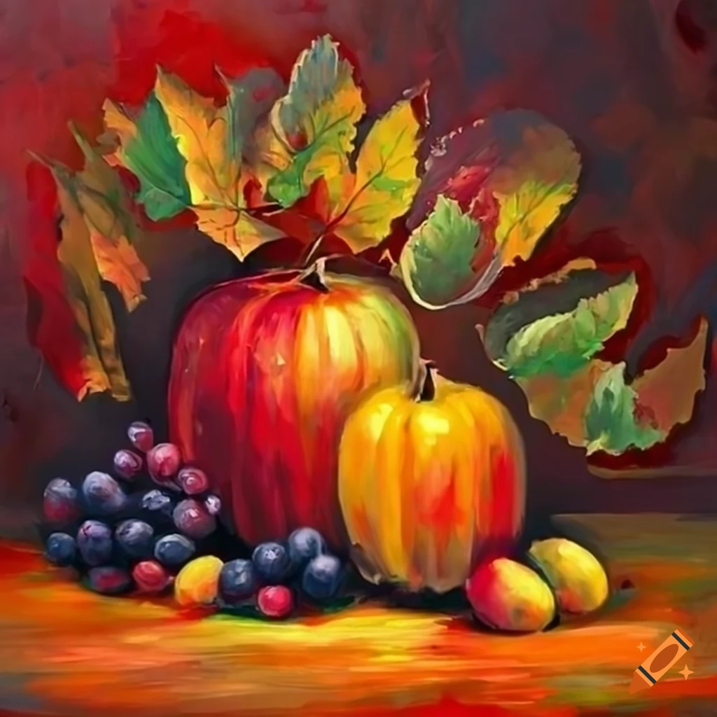 A vivid autumn harvest painting with ripe fruits and vibrant foliage on ...
