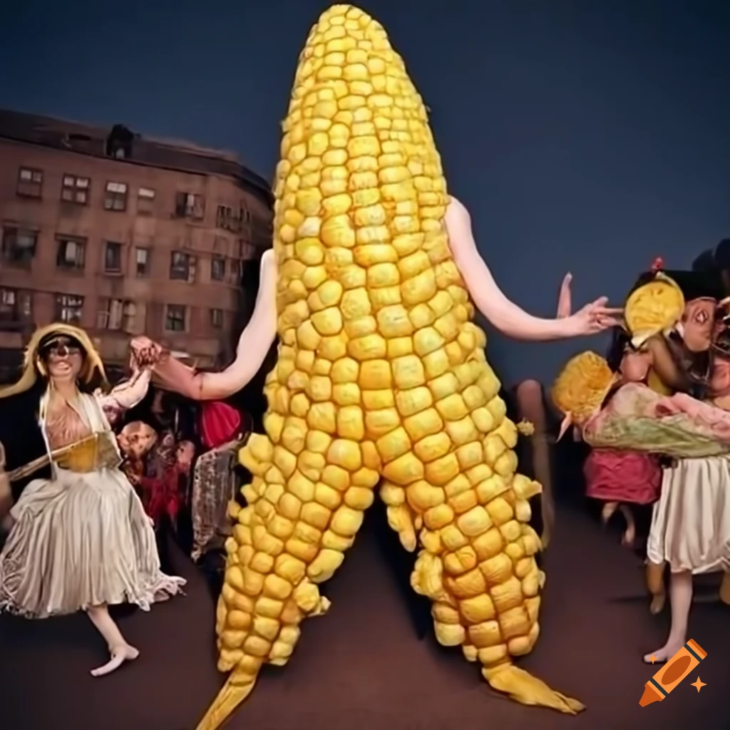 The corn costume person doing a silly dance while corn-themed music plays in the background on ...