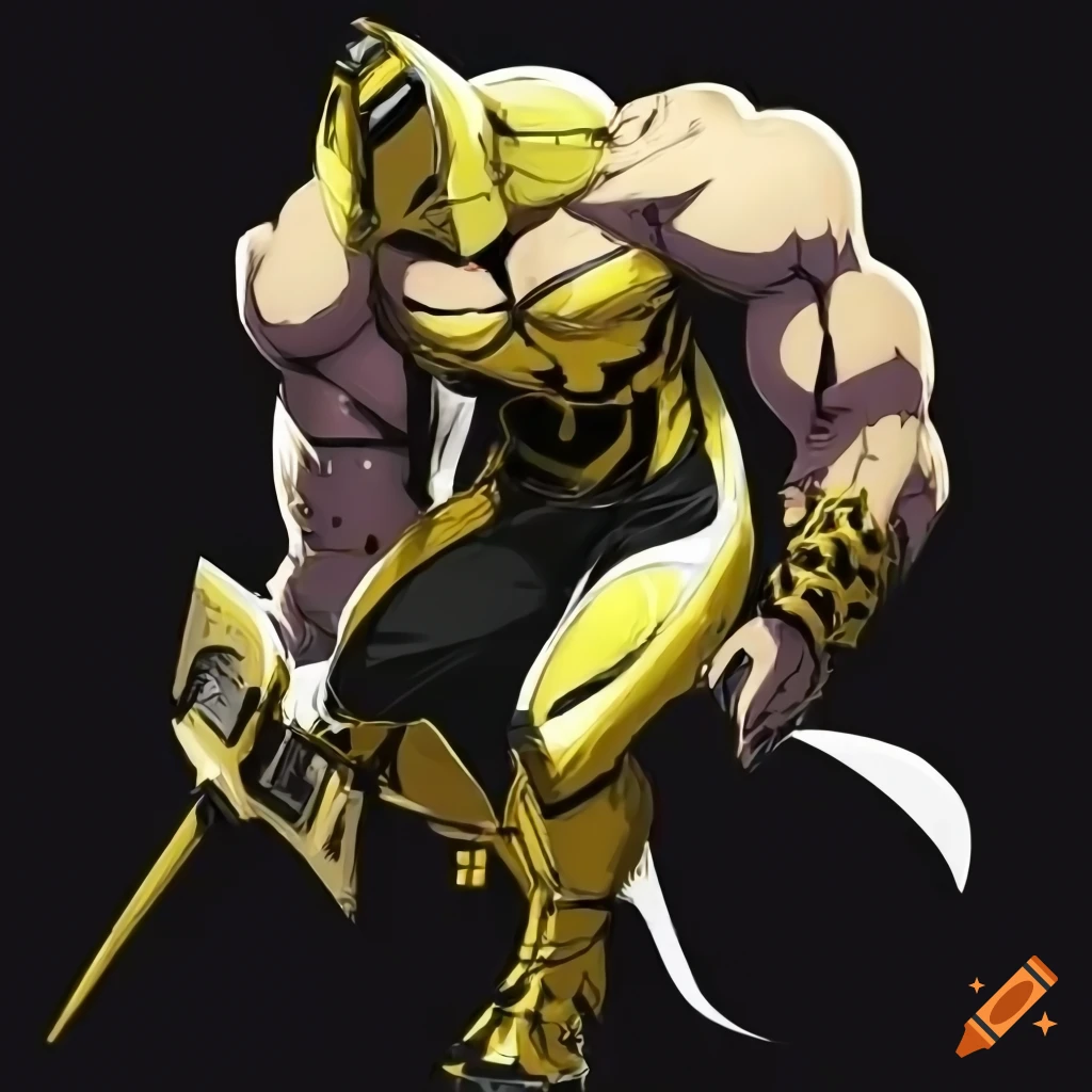 Buff male electricity knight in black and yellow with a hammer in ...