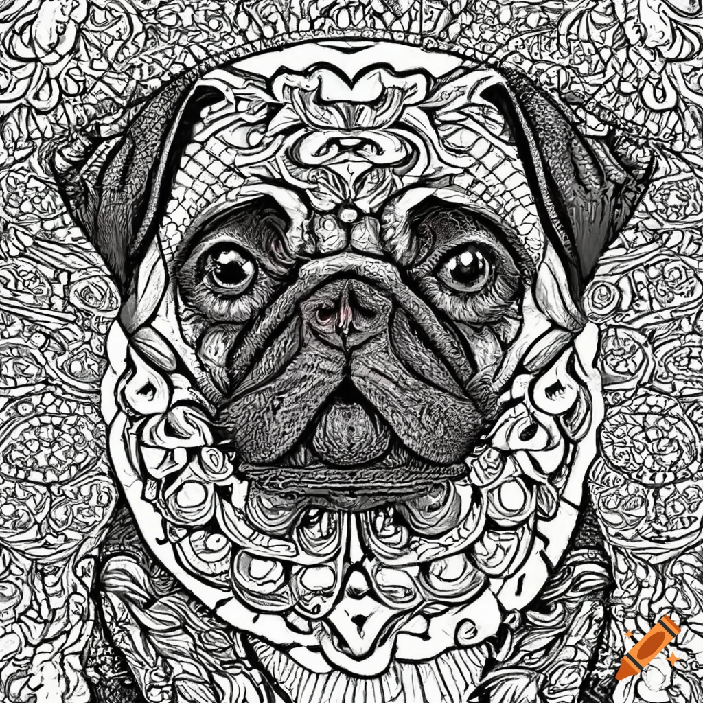 Colouring pages, mandala dog image (pug), white background