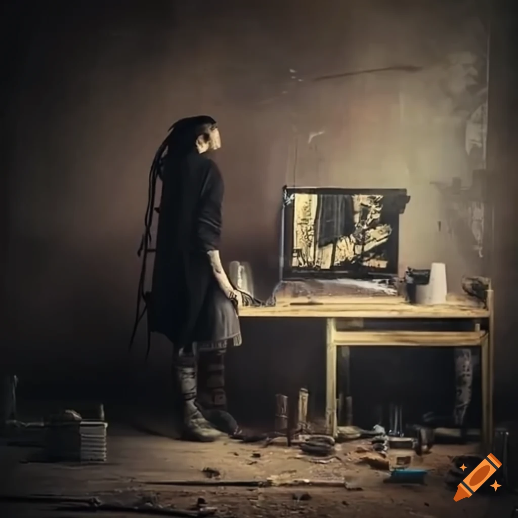 Lonely graphic designer working in post apocalyptic design studio on a ...