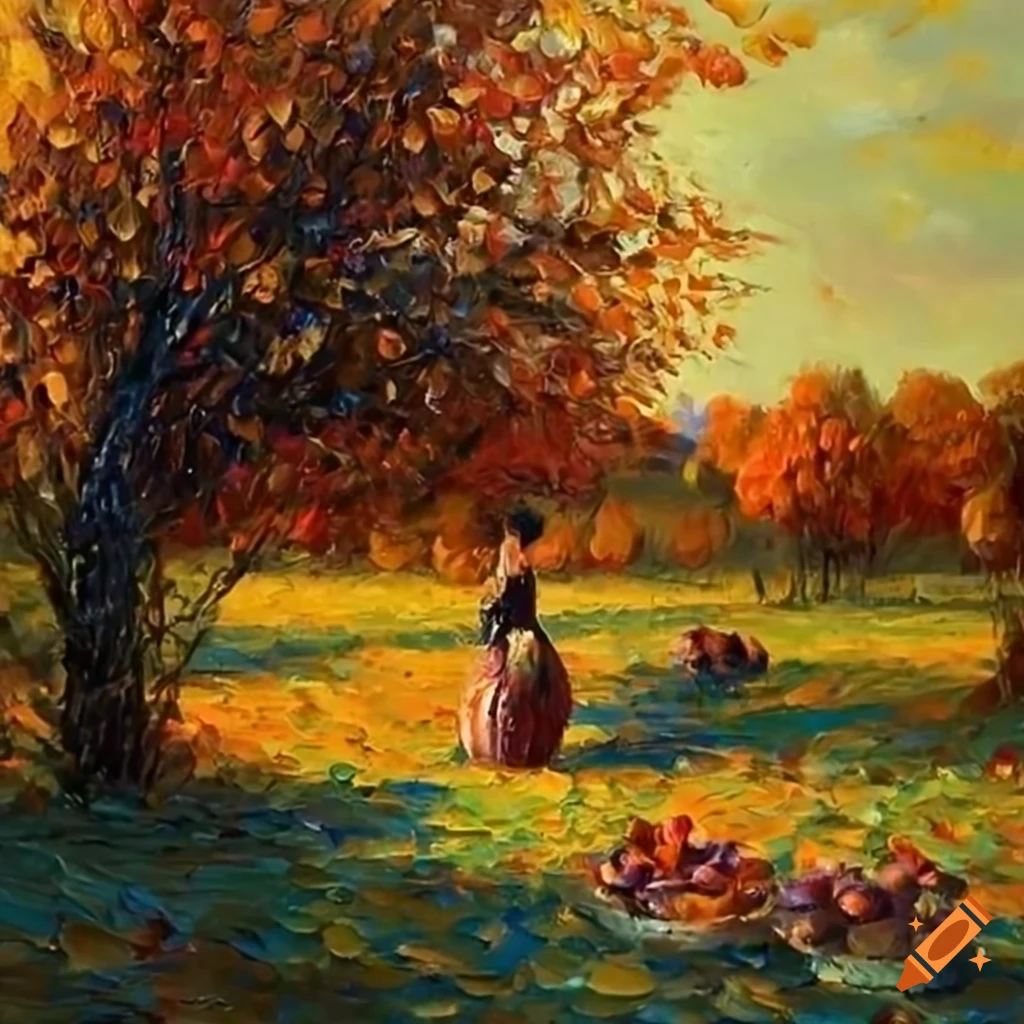A stunning impressionist painting of a bountiful autumn harvest