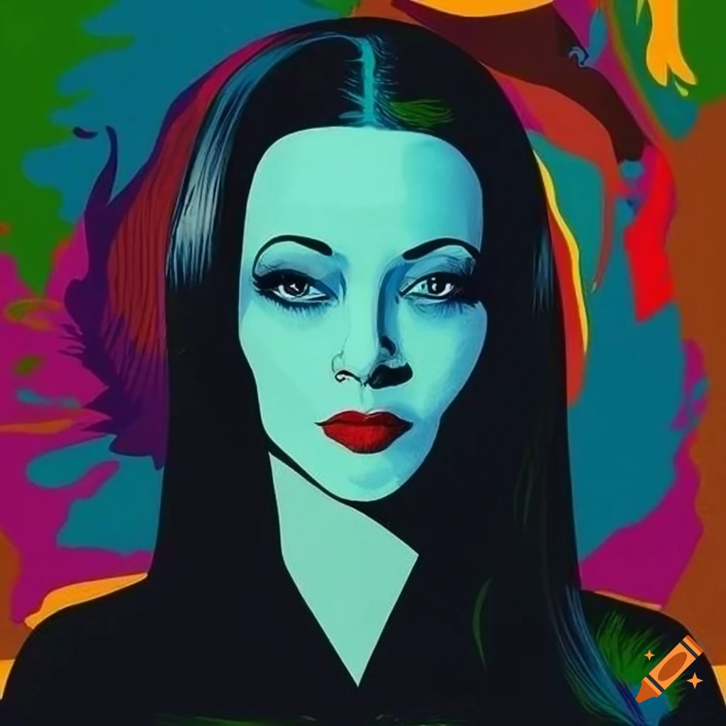 Portrait of Morticia Addams, pop-art by sir Peter Blake on Craiyon